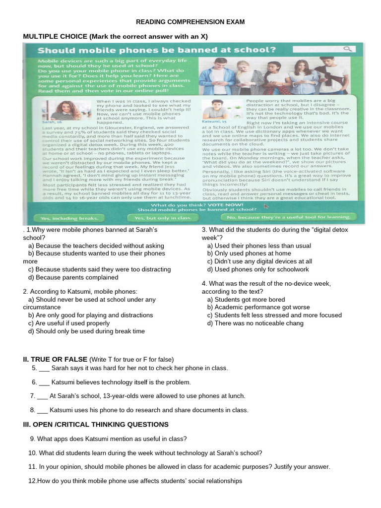 Mobile Phone Use in Schools Exam | PDF | Reading Comprehension | Mobile ...