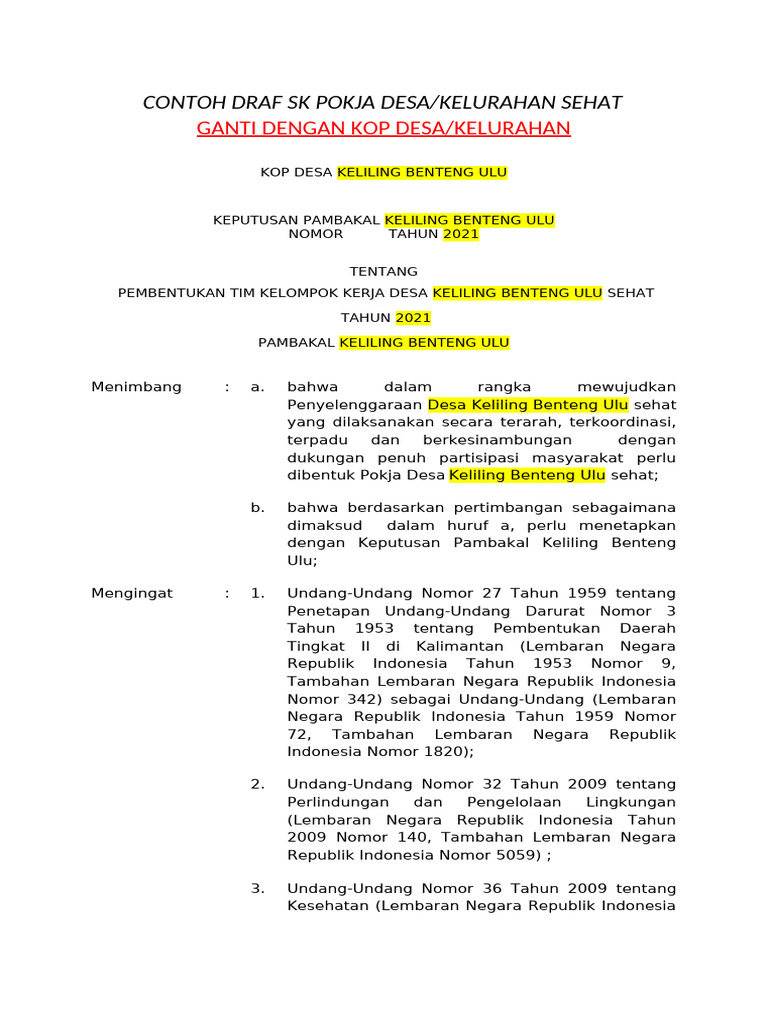 Contoh SK Forum Pokja Desa Kelurahan Sehat | PDF