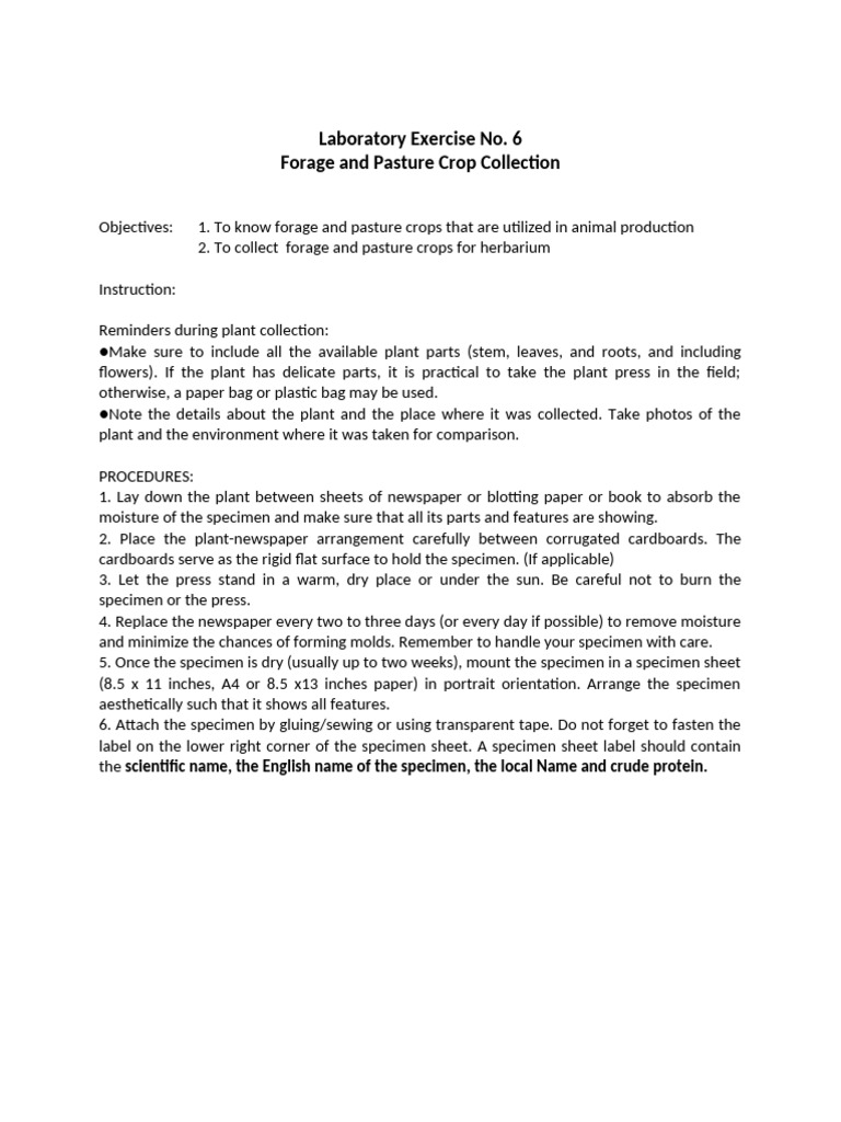 Laboratory Exercise No. 6 Forage and Pasture Crop Collection | PDF