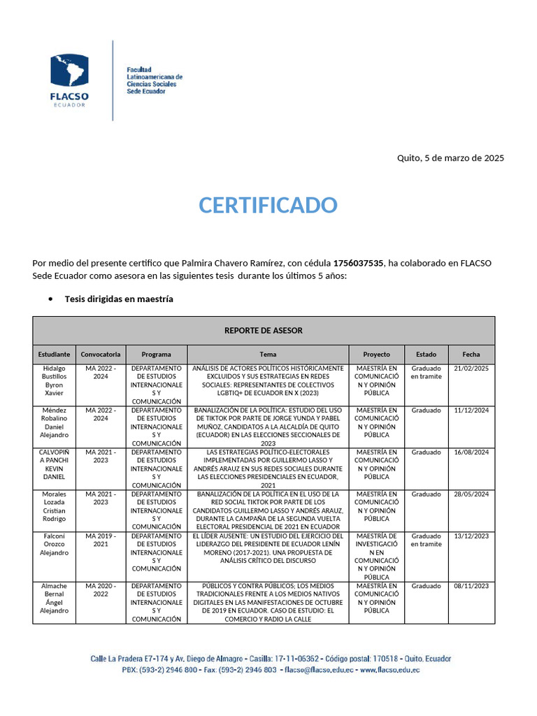Certificado Chavero Ramírez Palmira | PDF | Ecuador