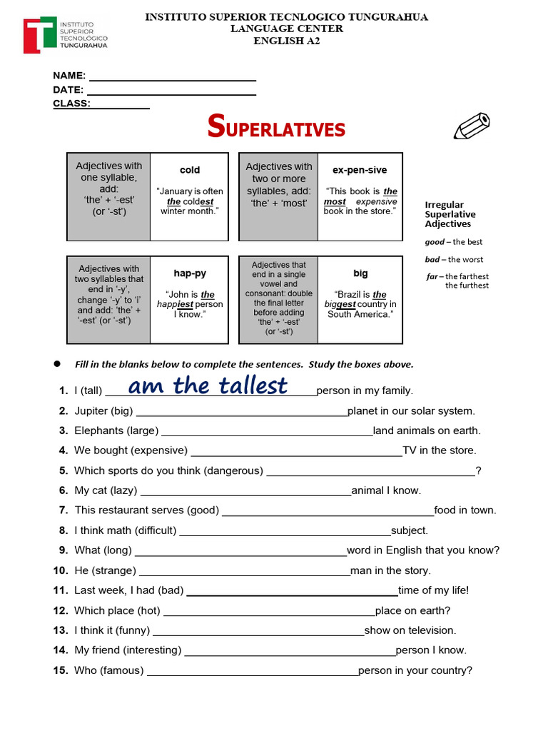 Superlative Adjectives Practice A2 | PDF | English Language | Syllable