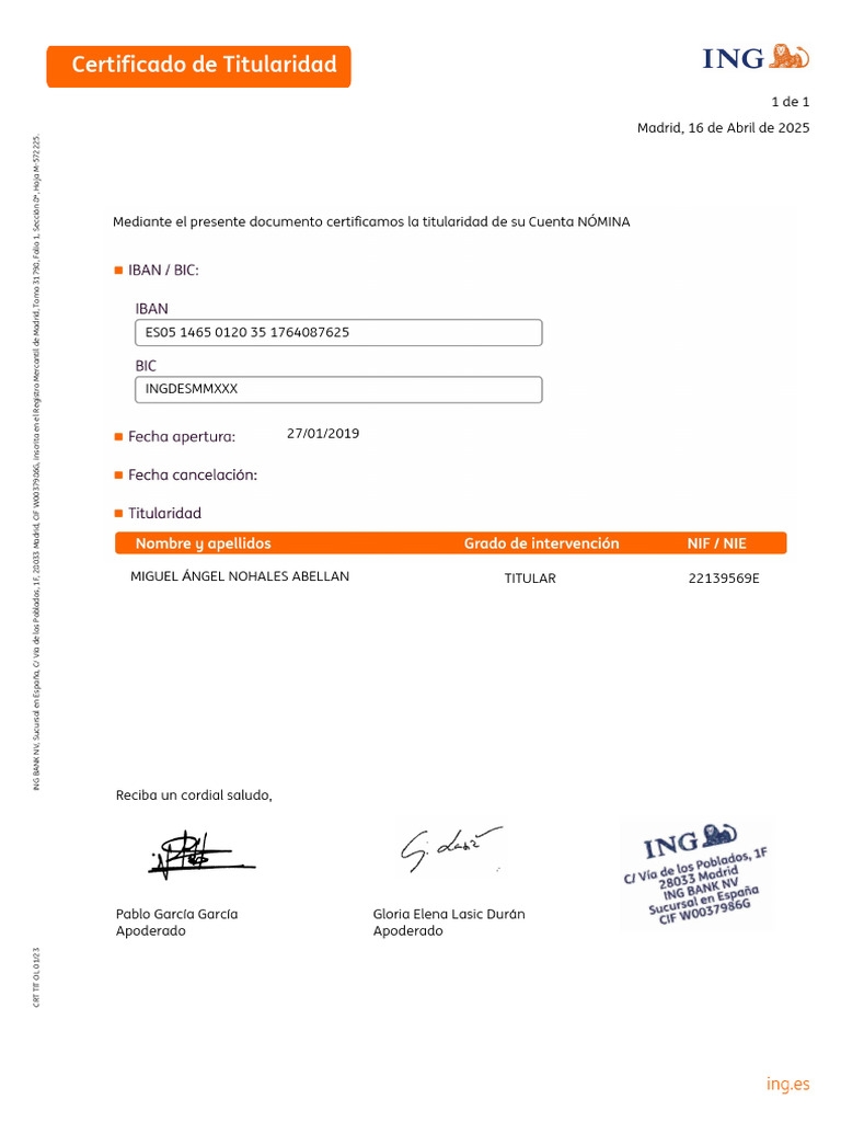 Certificado de Titularidad ING | PDF