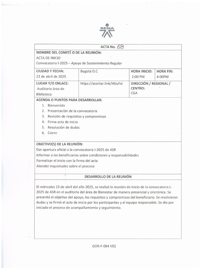 Acta Inicio Convocatoria I-2025 ASR | PDF