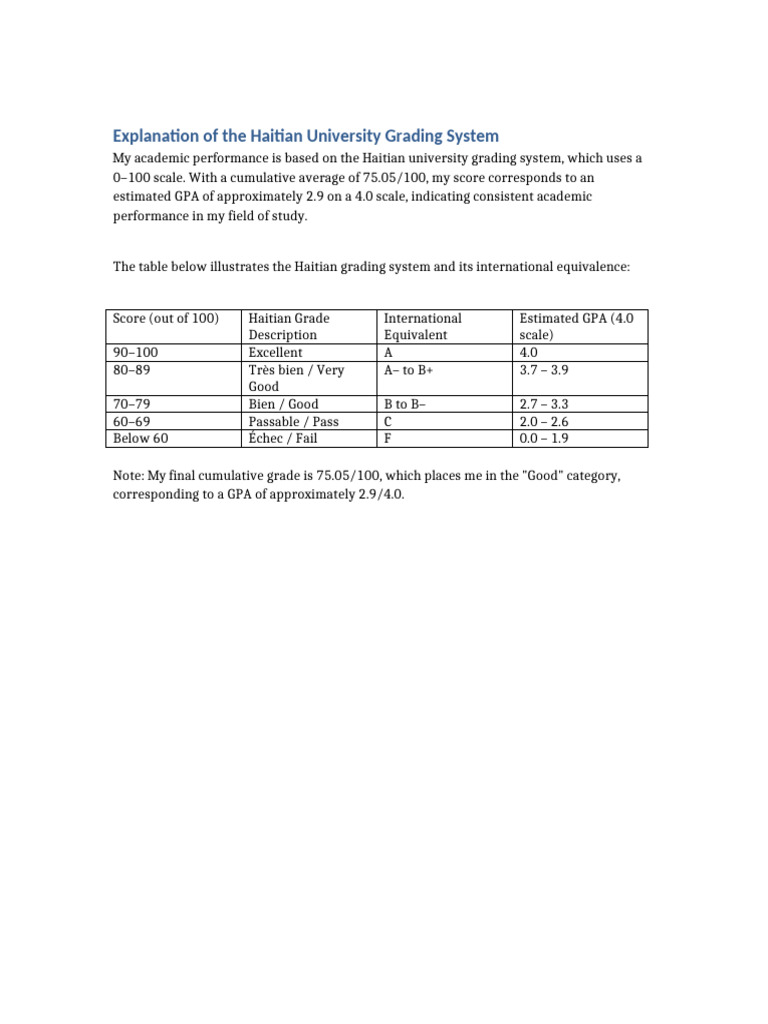 Haitian Grading Explanation Table | PDF