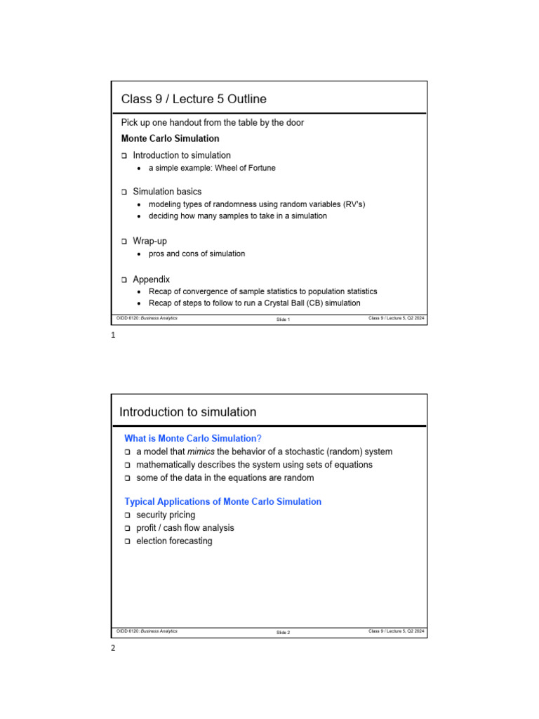 OIDD 6120 Q2 2024 Class 09 Lect 05 | PDF | Simulation | Monte Carlo Method