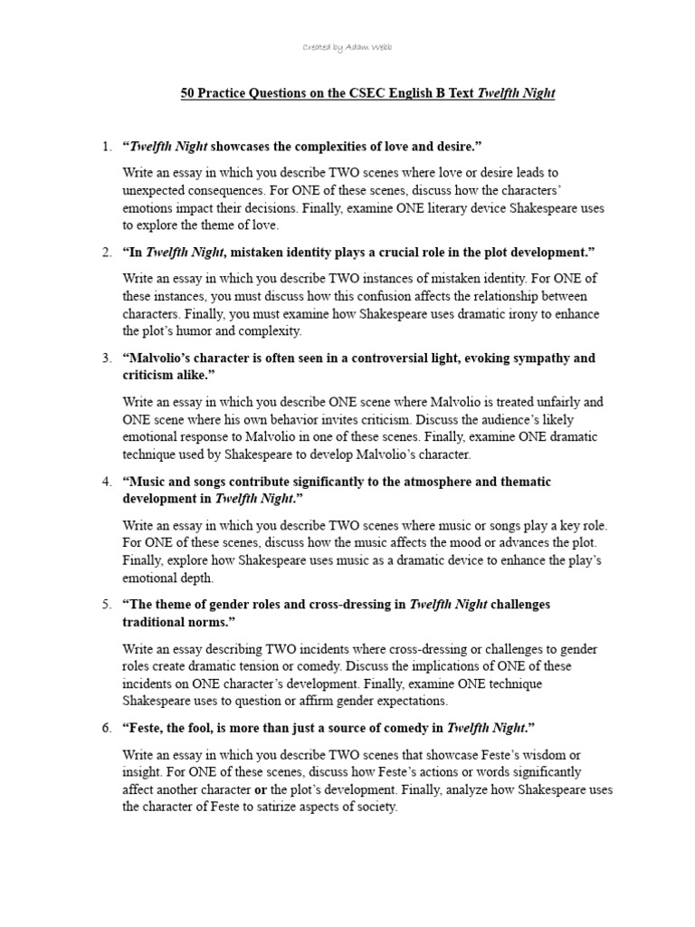 Twelfth Night Essay Prompts and Themes | PDF | Twelfth Night | Narrative