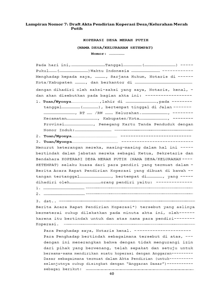Draft Akta Pendirian Koperasi Merah Putih | PDF