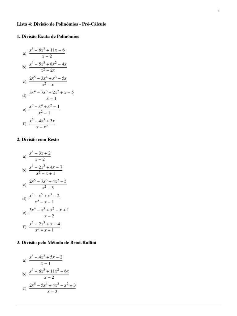 Pre Calculo Lista 4 - (Divisao Polinomios) | PDF