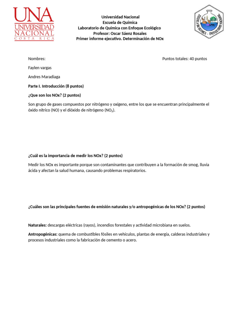 Repore Ejecutivo 4. Determinación de NOx | PDF | Catálisis | Química