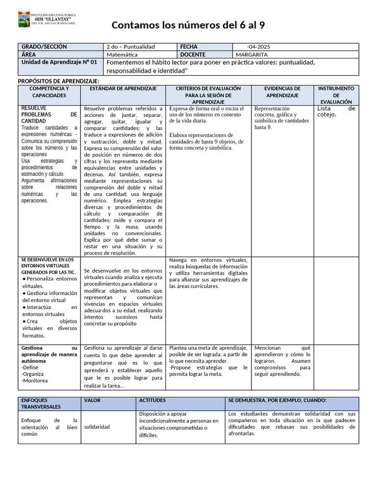 Margarita Sesion de Matematica Aprendemos A Contar Hasta El 9 | PDF ...