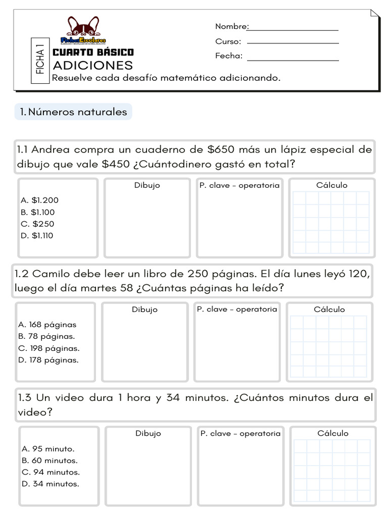 Desafíos de Adición para Cuarto Básico | PDF | Lexicología | Matemáticas