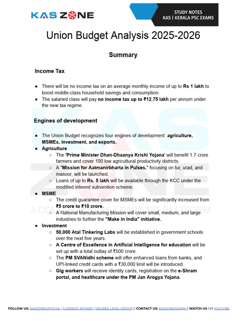 Union Budget Analysis & Summary 2025-26 - KAS Zone | PDF | Taxes ...