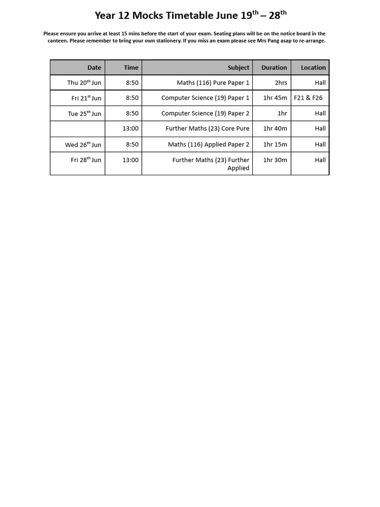 Year 12 Mocks Timetable June 2024 V2 | PDF