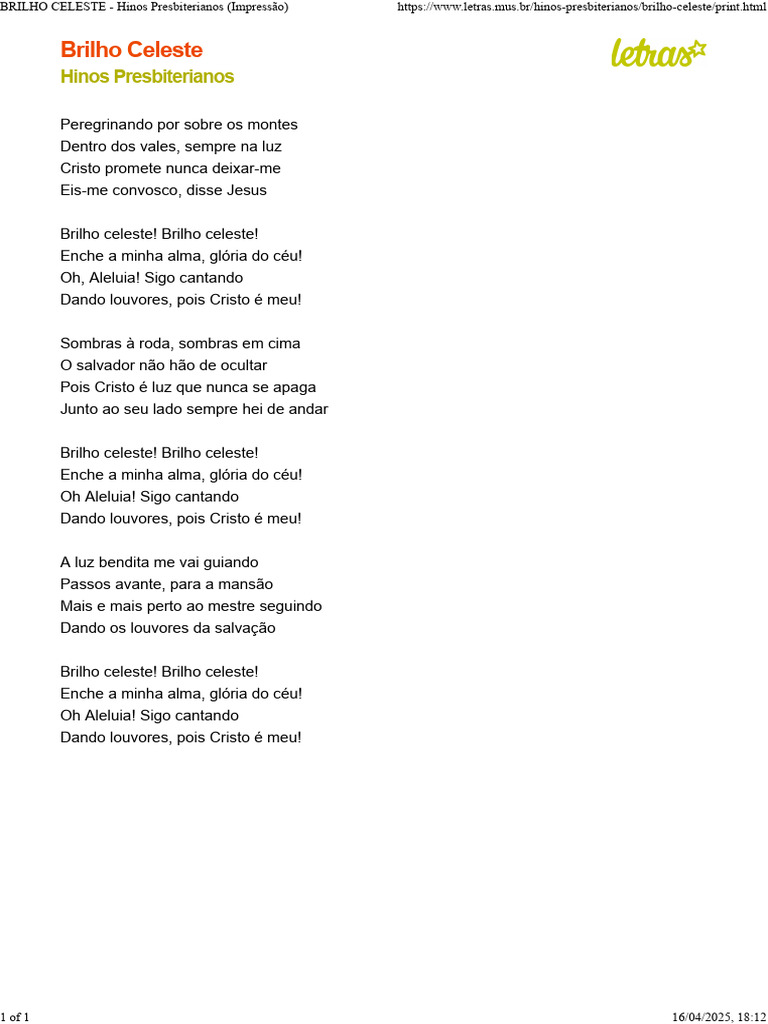 BRILHO CELESTE - Hinos Presbiterianos (Impressão) | PDF