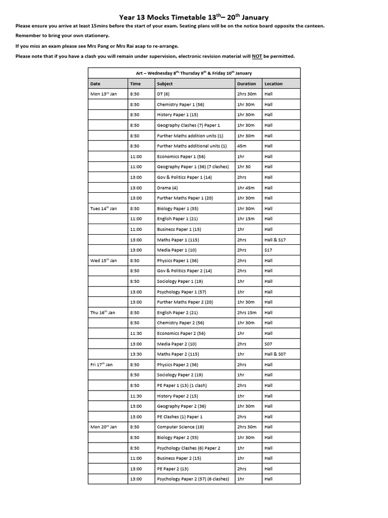 Year 13 Mocks Schedule: Jan 2023 | PDF | Inquiry | Liberal Arts Education