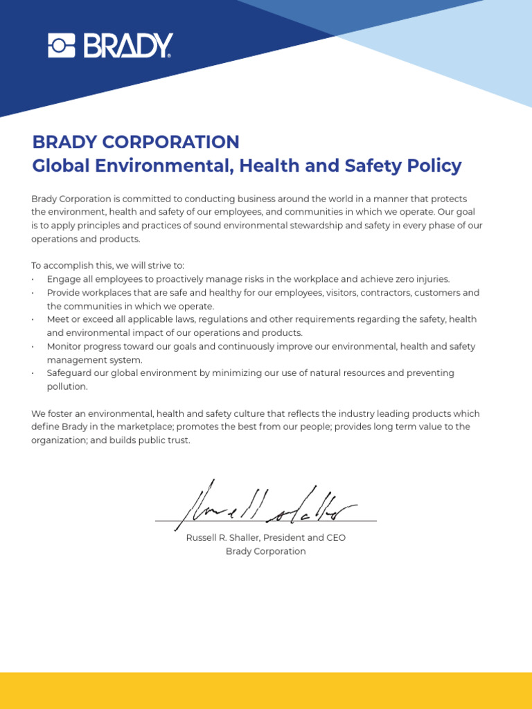 Brady Corporation Global EHS Policy Statement | PDF