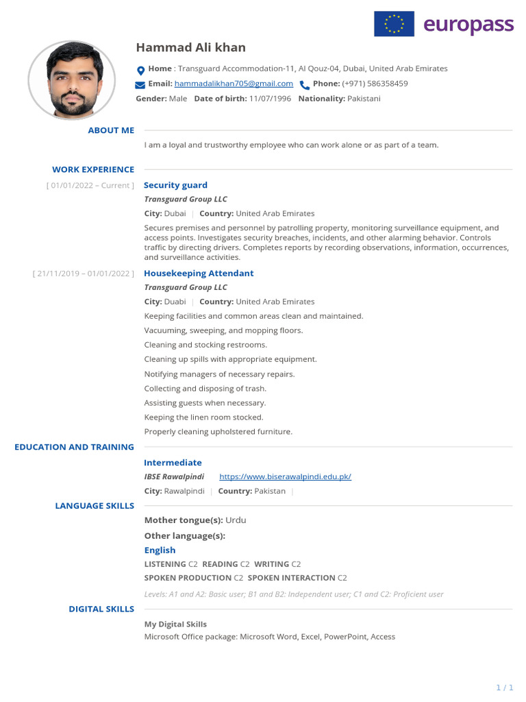 Hammad Ali Khan Europass | PDF