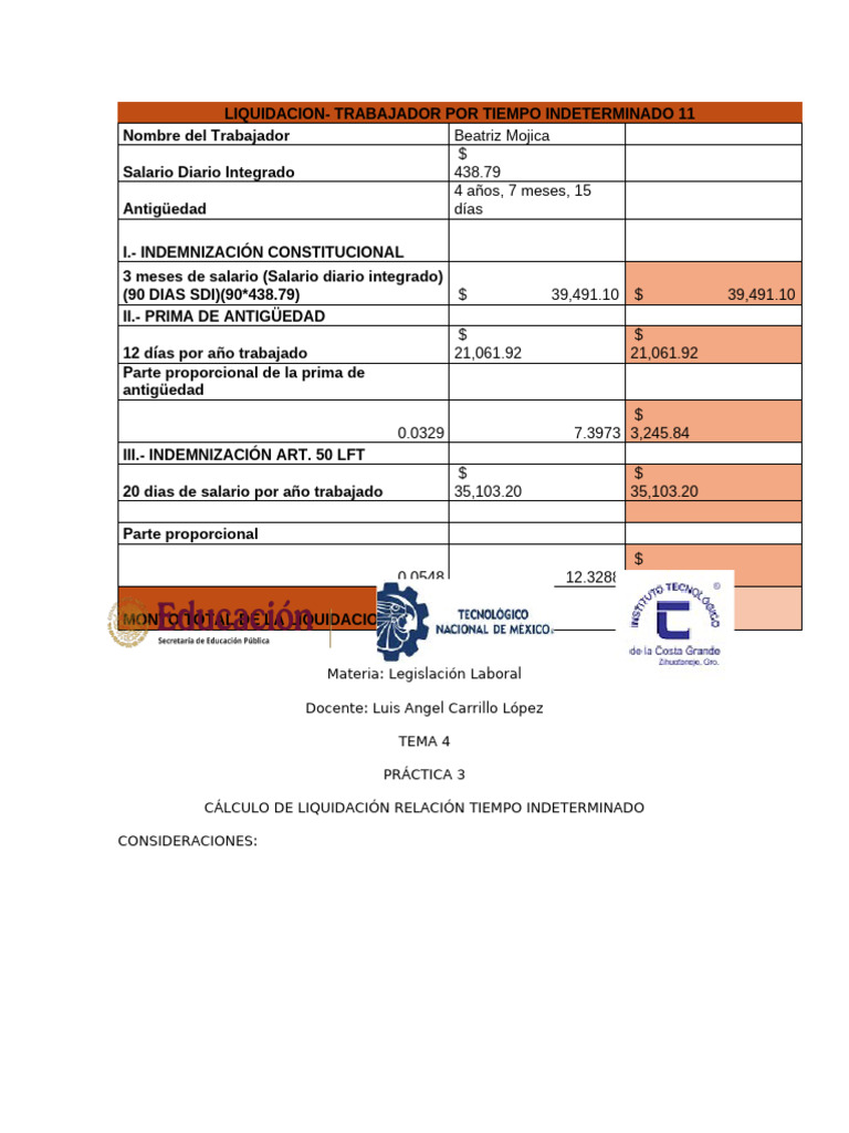 Practica 3 Calculo Liquidacion Por Tiempo Indeterminado | PDF