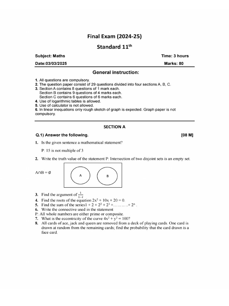 11th CBSE Maths Question Paper | PDF