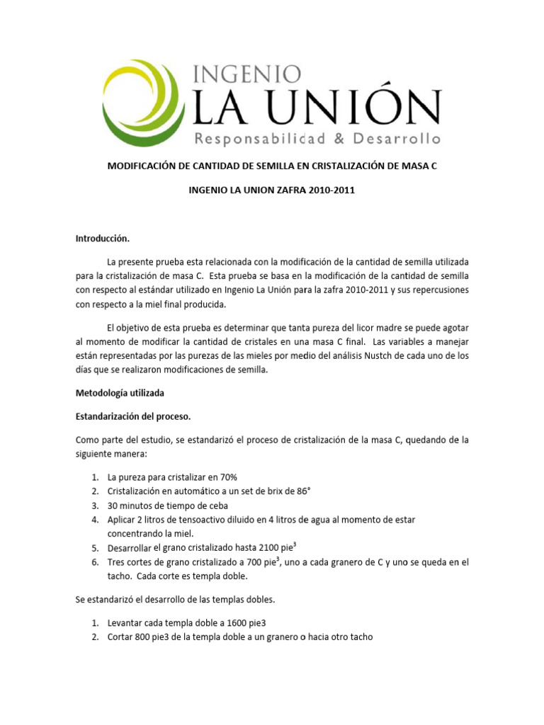 Ingenio La Union, Cantidad de Semilla en Masa C, 2,011 | PDF | Química