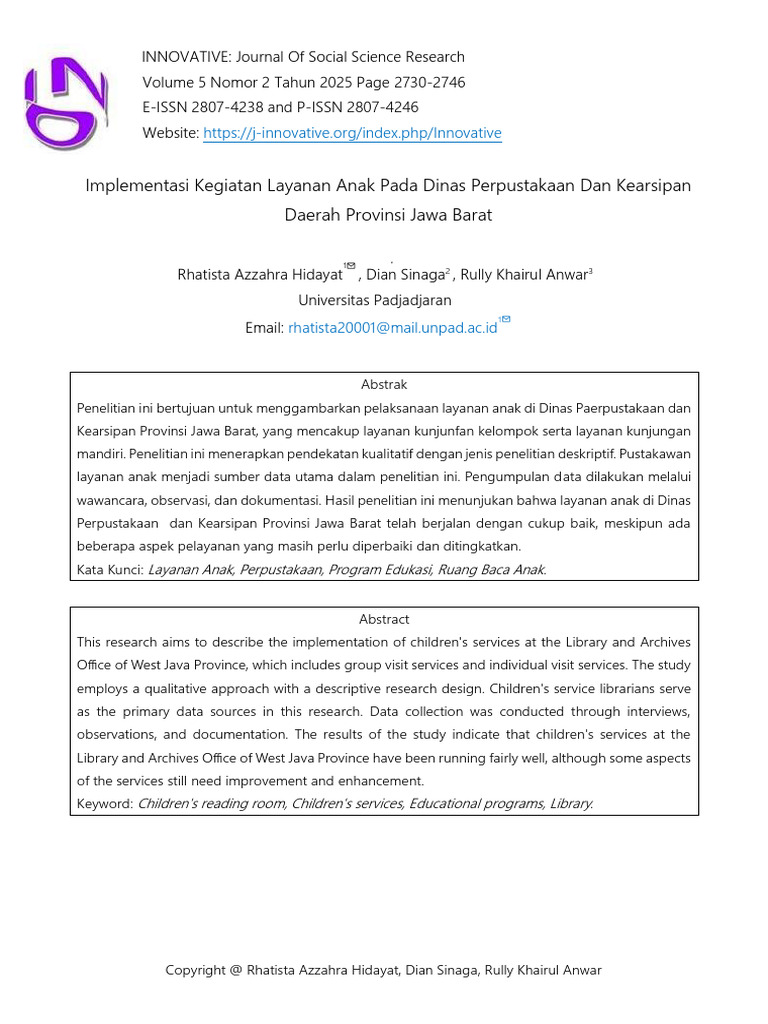 Implementasi Kegiatan Layanan Anak Pada Dinas Perpustakaan Dan Kearsipan Daerah Provinsi Jawa ...