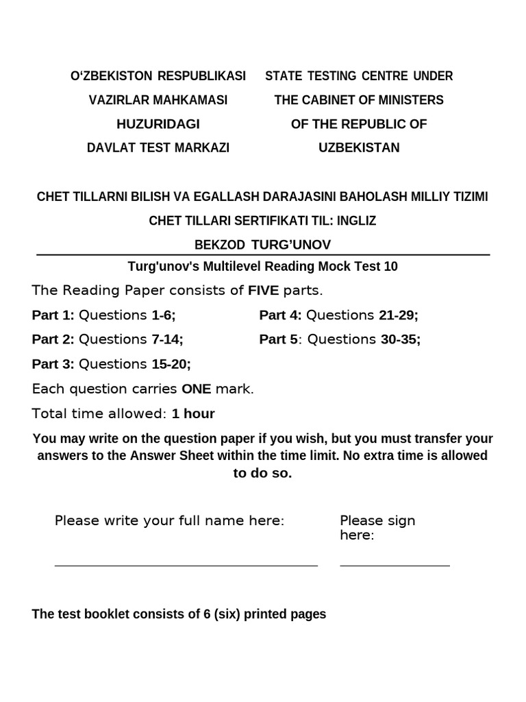 Multilevel Reading Mock Test 10 | PDF
