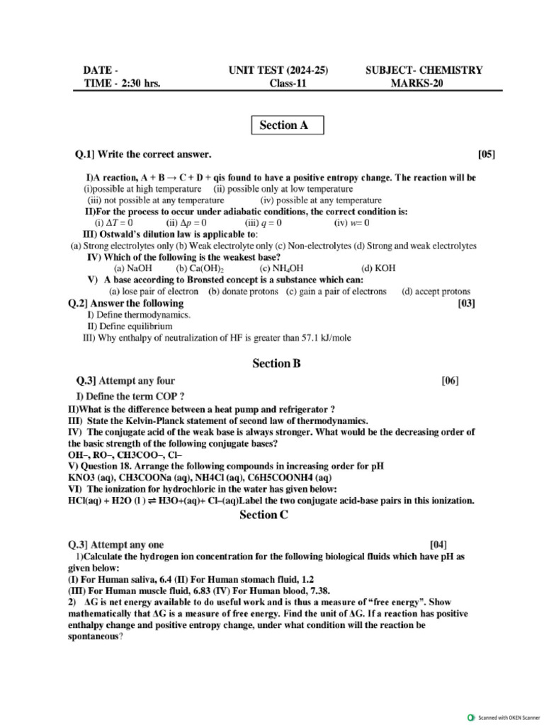 Class 11 Chemistry Unit Test 2 | PDF