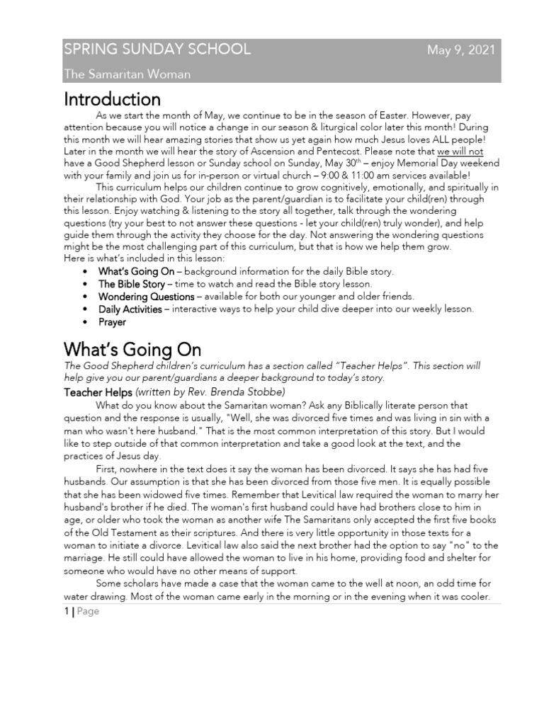 Samaritan Woman Lesson Activities | PDF | Jesus | Bible