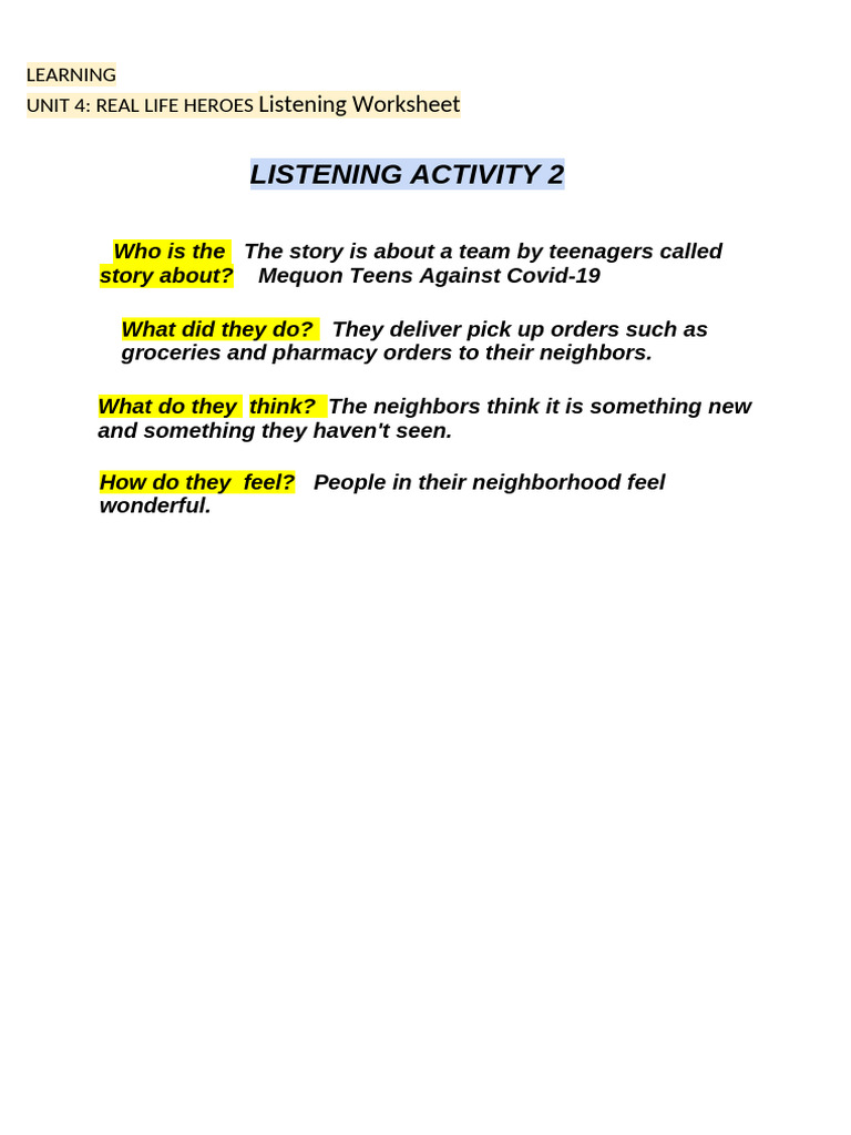 B1 Week 2 Activity 4 - Listening Worksheet Chart | PDF