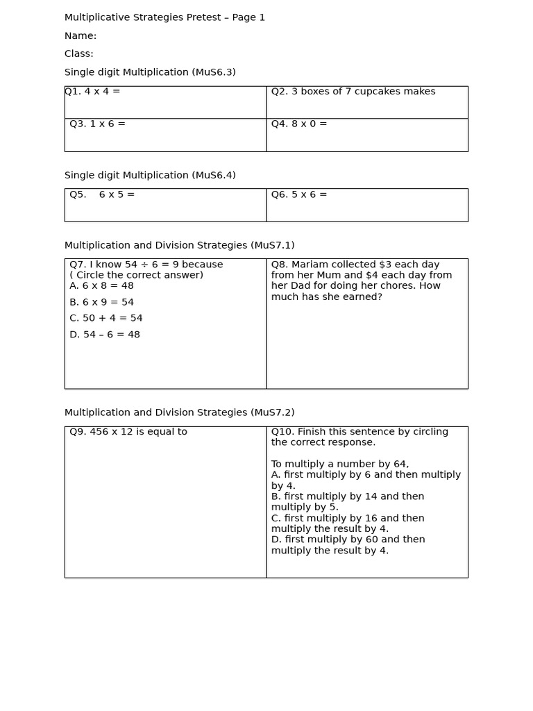 Multiplicative Strategies Pretest | PDF