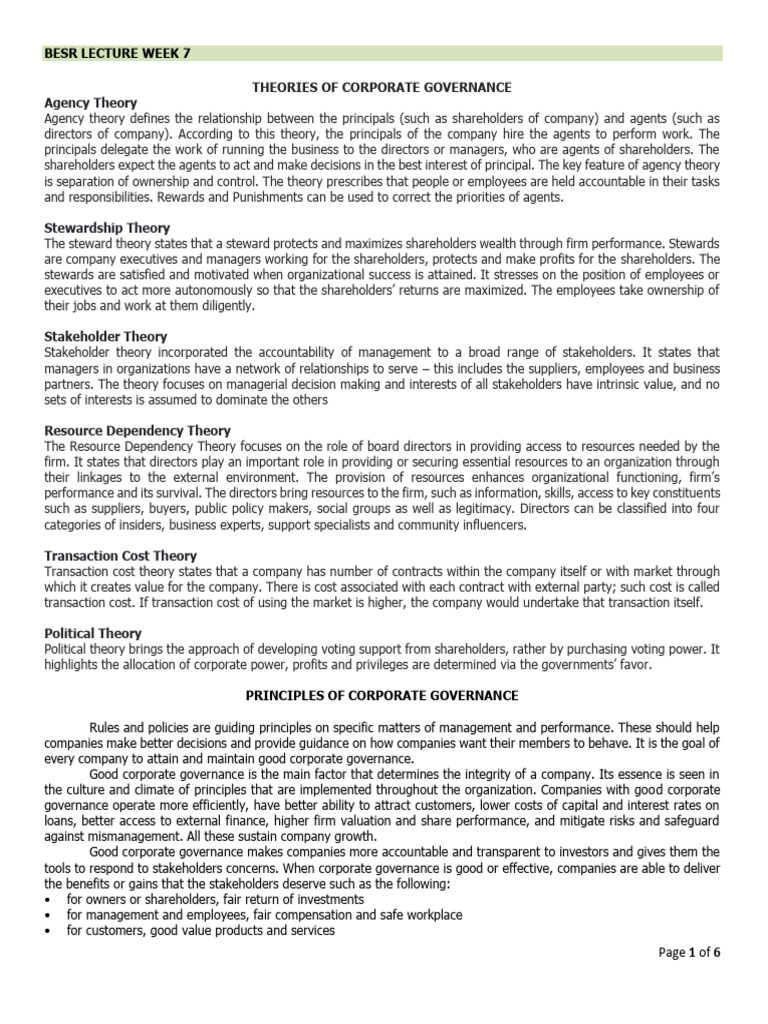 Theories of Corporate Governance Explained | PDF | Corporate Governance ...