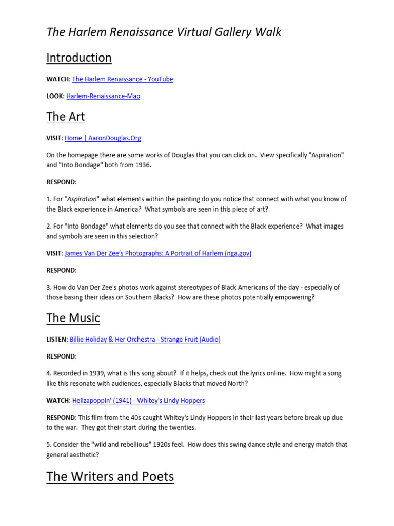 The Harlem Renaissance Virtual Gallery Walk | PDF