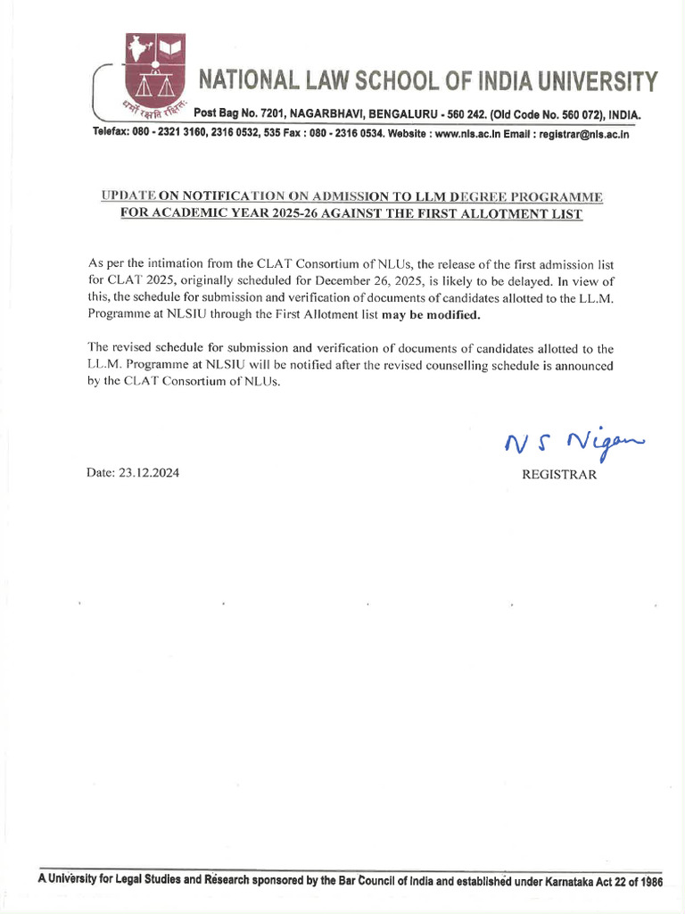 Update On Admission Notification LLM Programme AY 2025 26 | PDF