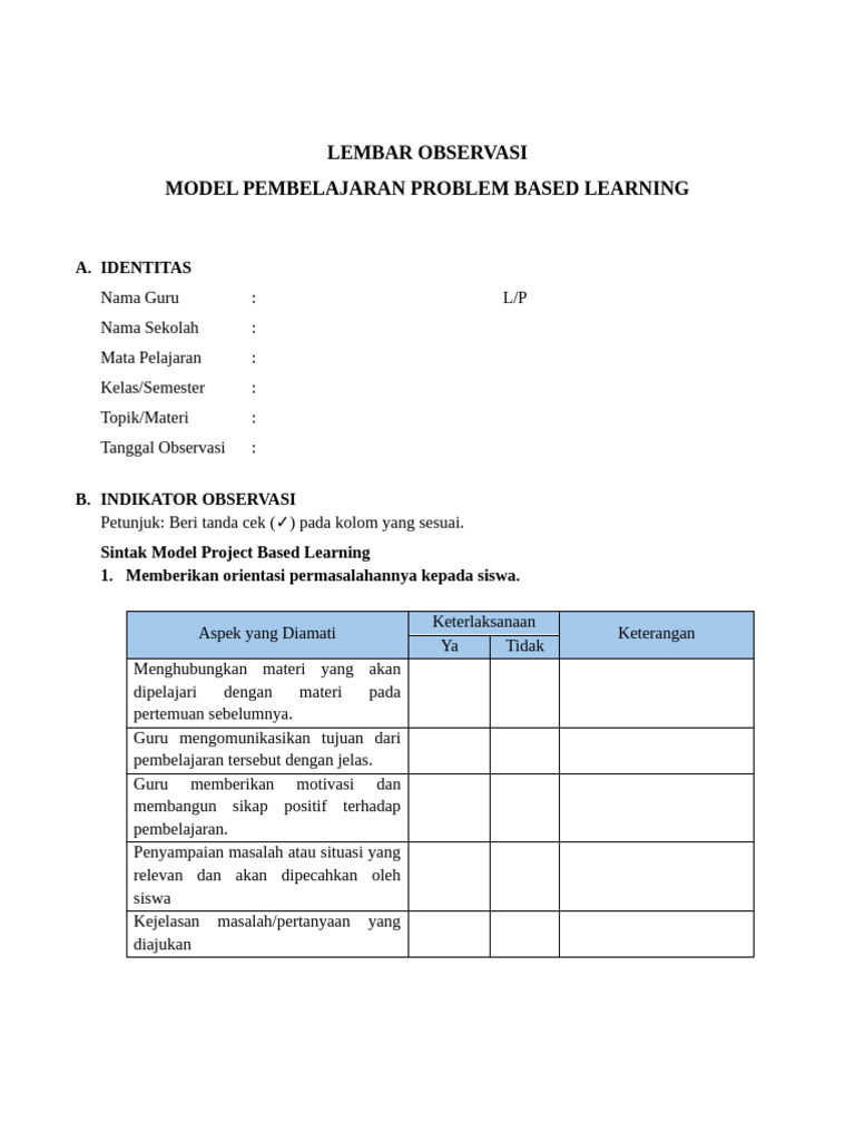 Lembar Observasi PBL Kelompok 2 | PDF