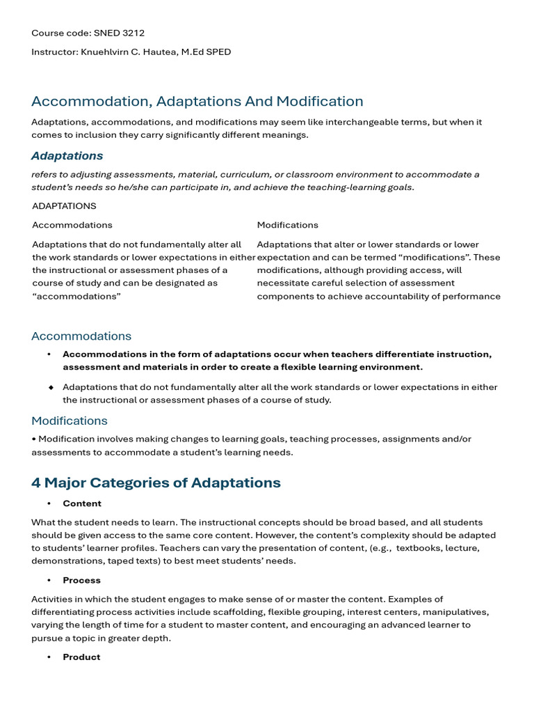 Instructional Adaptations Handout (1) | PDF | Learning | Curriculum