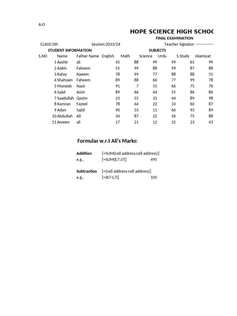 MARKS SHEET EXCEL With FORMULAS | PDF