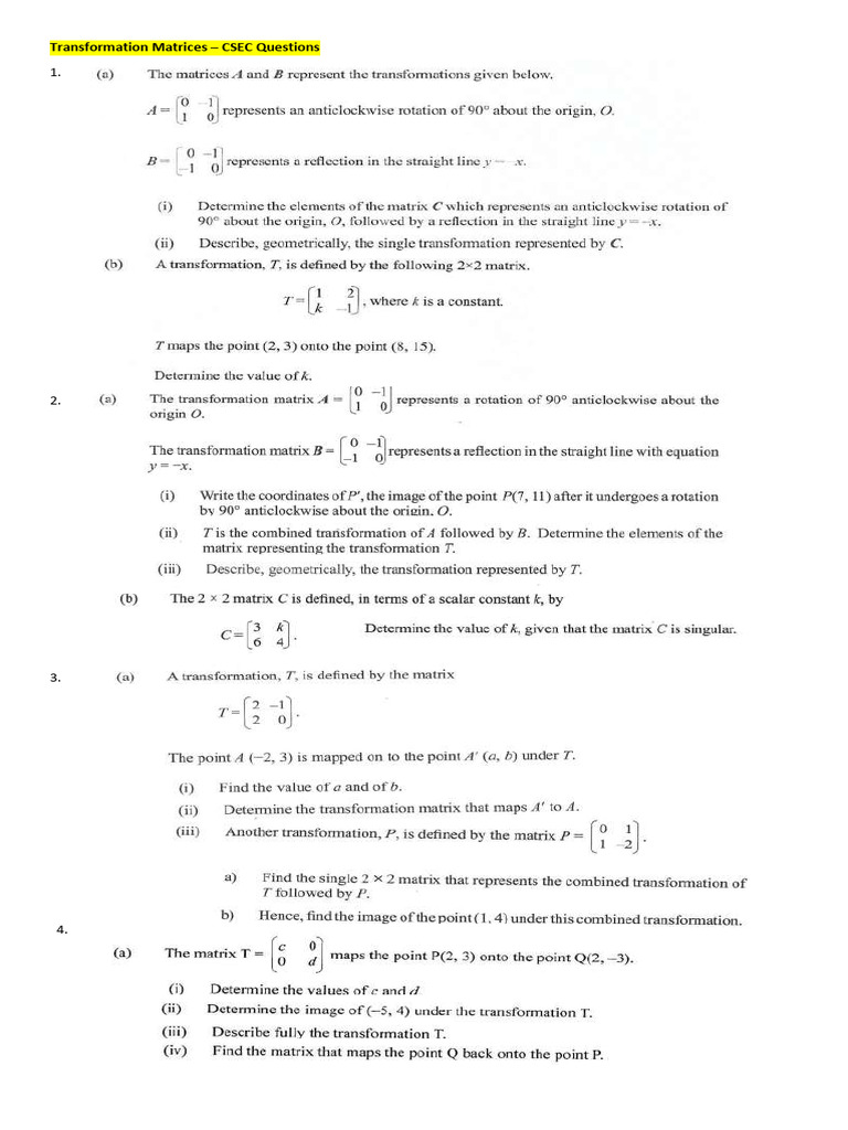 Transformation by Matrices Practice Questions | PDF