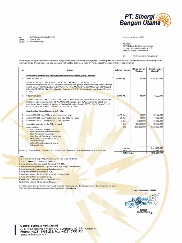 IH 024 SINBAMA - Pengadaan Material & Jasa Rehabilitasi Refractory ...