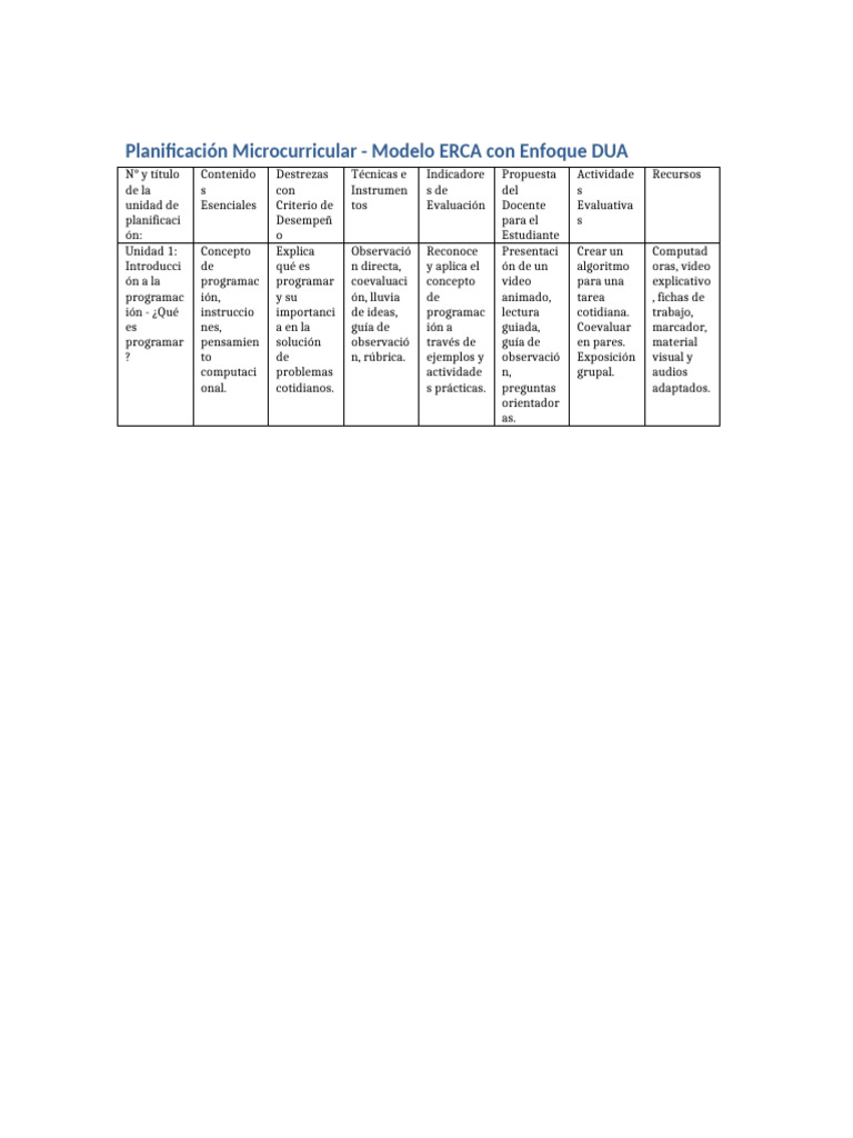 Planificacion DUA ERCA Tabla Modelo | PDF