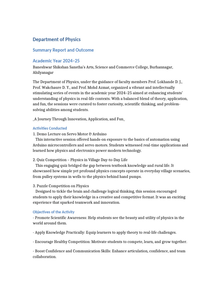 Physics Department Report 2024-25 Final | PDF | Physics | Science