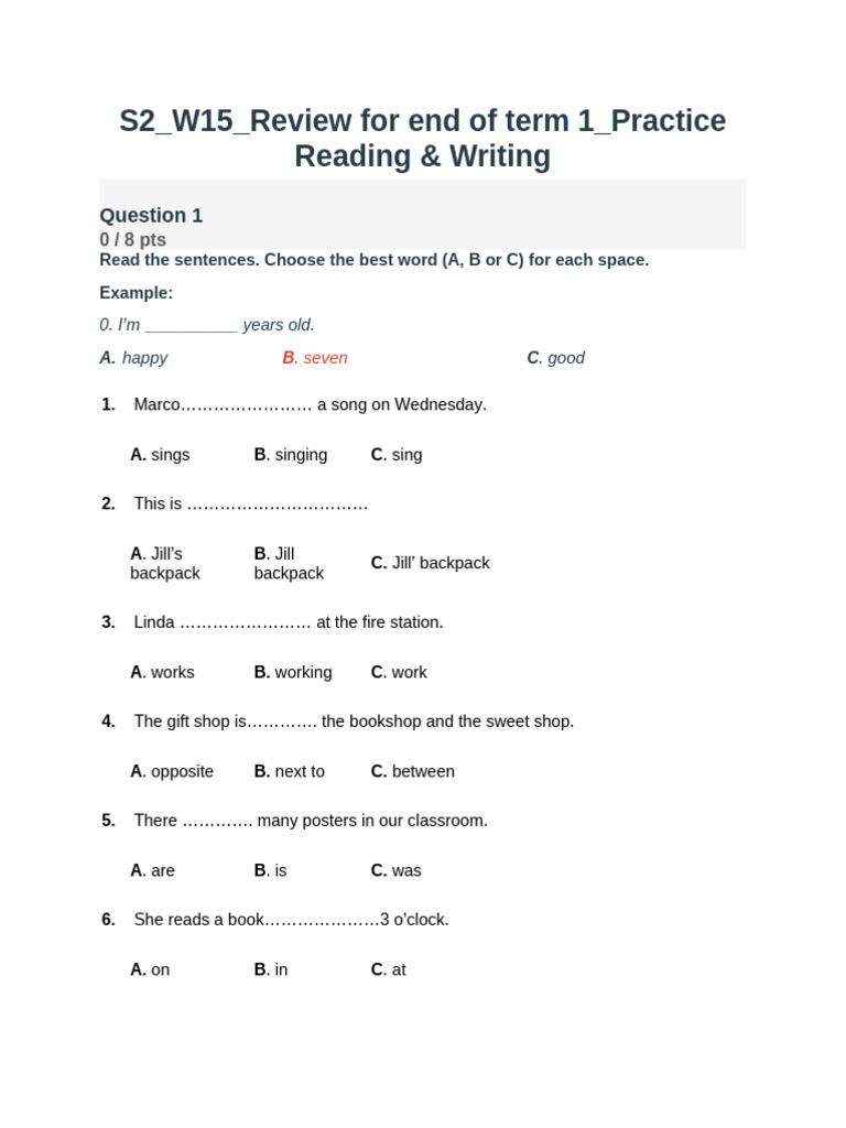 S2 - W15 - Review For End of Term 1 - Practice Reading & Writing | PDF