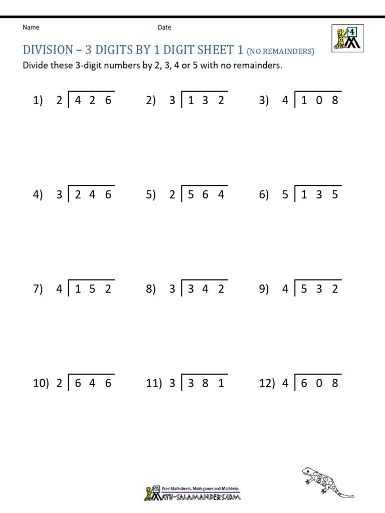 3-Digit by 1-Digit Division Worksheet | PDF