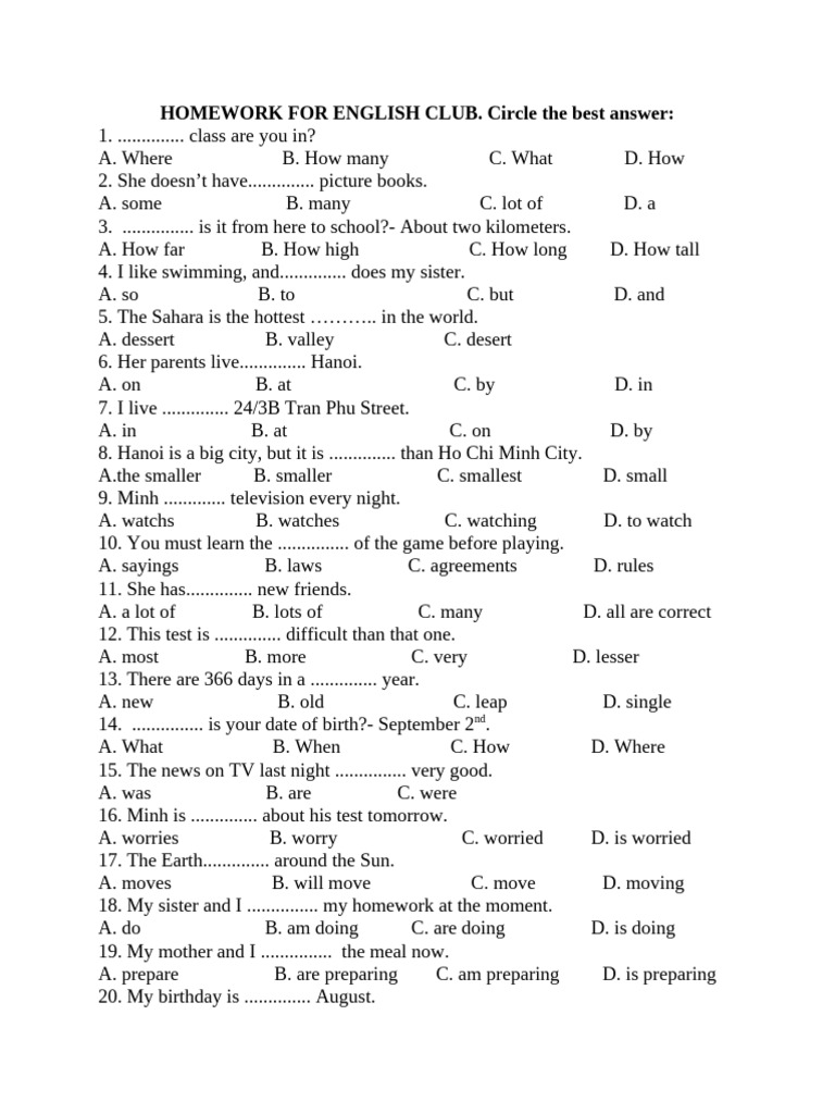 Homework For English Club | PDF