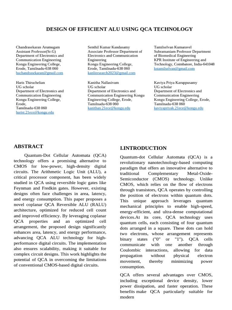 Design of Efficient Alu Using Qca Technology | PDF | Logic Gate | Computer Engineering
