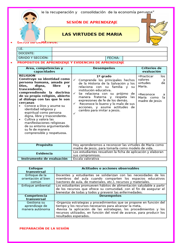 1º U2 S3 SESION D2 RELIGION LAS VIRTUDES DE MARIA | PDF | María, madre de Jesús | Aprendizaje