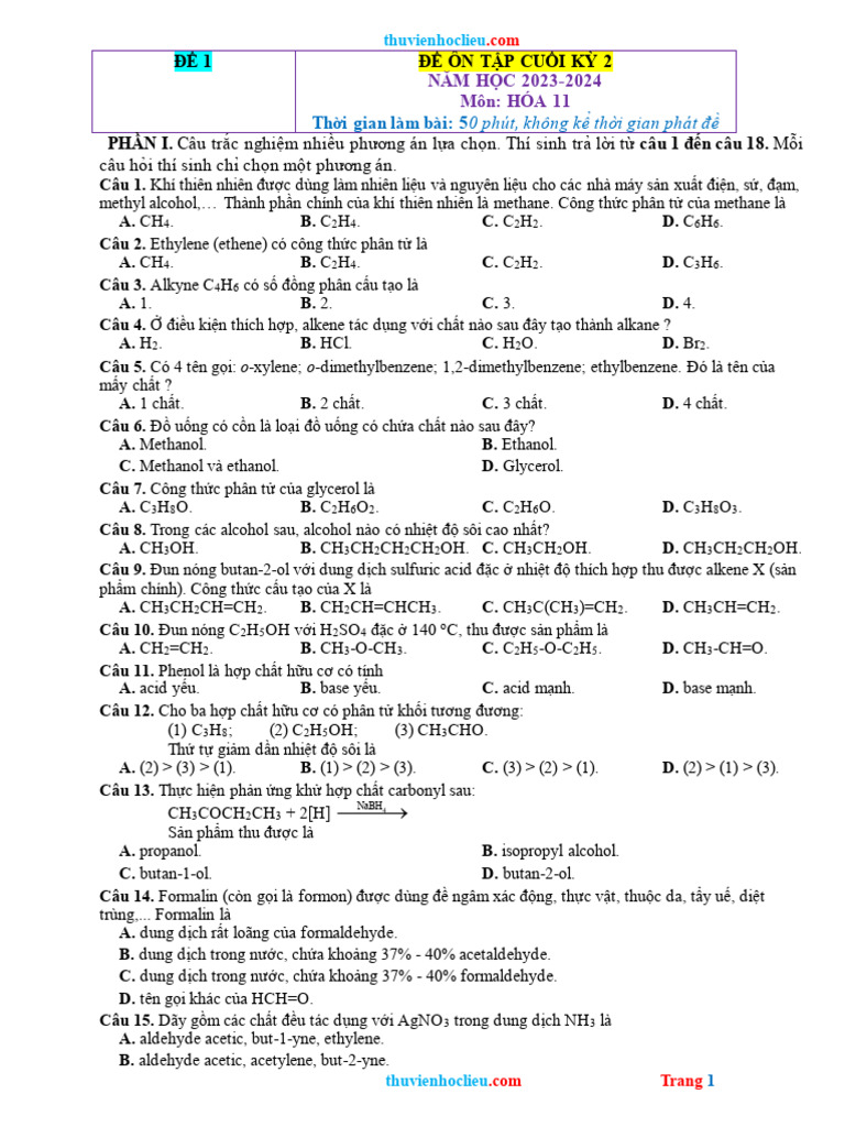 De On Thi HK2 Hoa 11 de 1 Hay | PDF