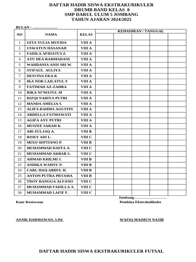Absensi Ekstra Baru Siswa Dan Pembina (1) FX | PDF