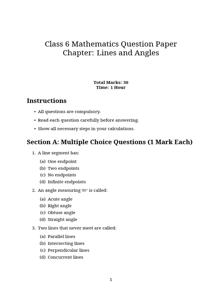 Class 6 Mathematics Question Paper Chapter: Lines and Angles | PDF