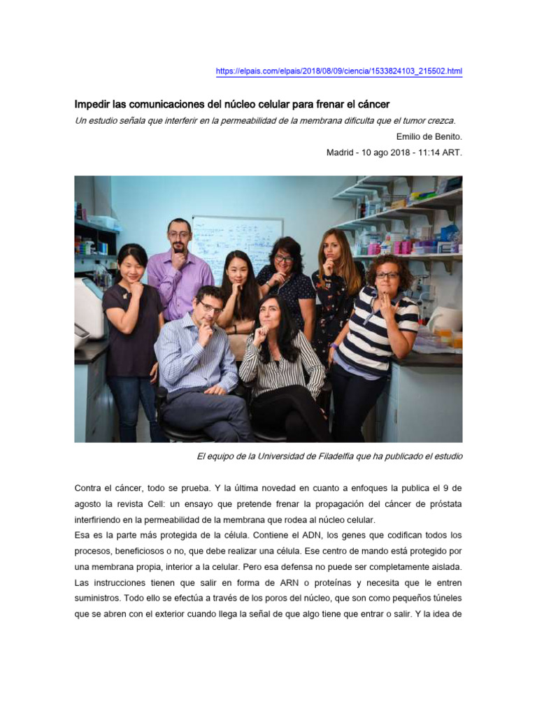 TP3.1. Impedir Las Comunicaciones Del Núcleo Celular para Frenar El Cáncer - El País 2018 | PDF ...