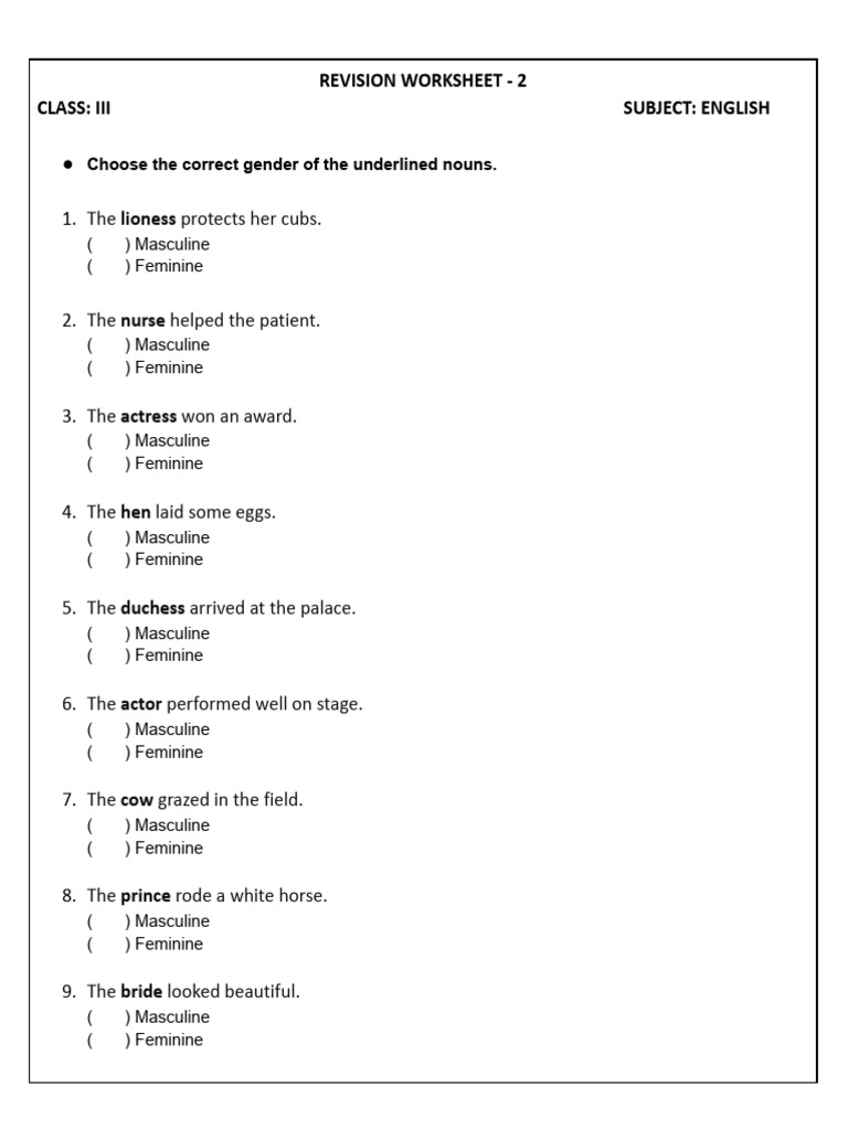 Revision Worksheet - 2 Class 3 - English | PDF | Grammatical Gender | Linguistics